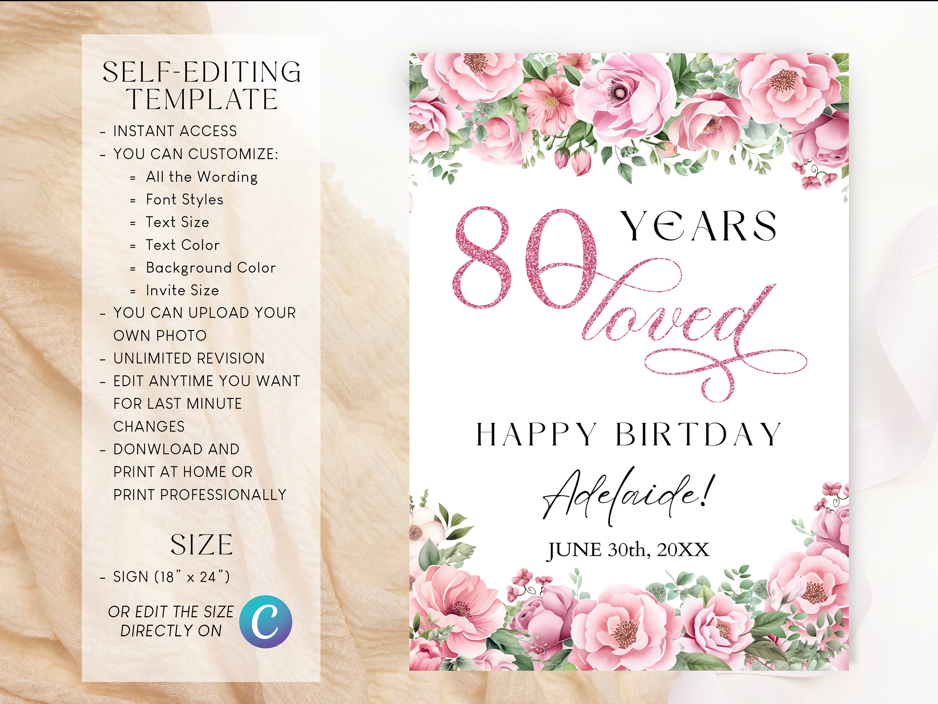 80th Birthday Welcome Sign Template for Mother Grandma Woman, Pink ...