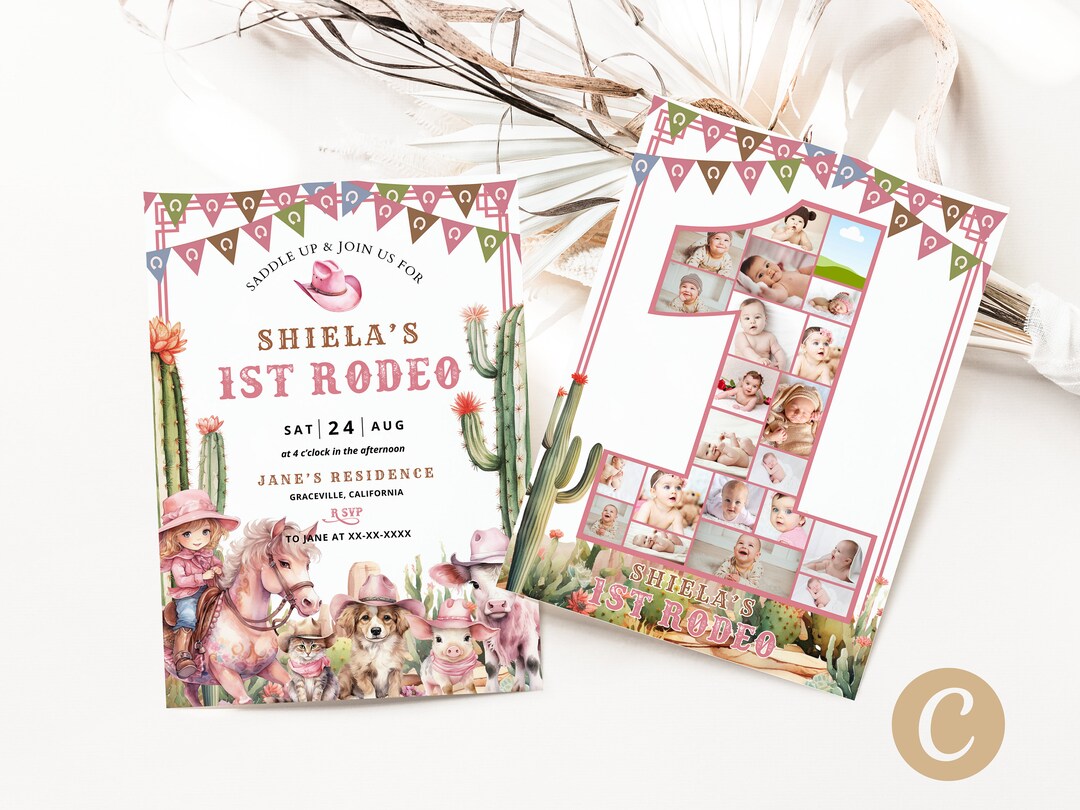 Editable My First Pink Rodeo Birthday Invitation Canva Template With ...