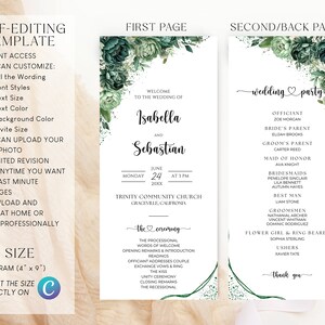 Editable Emerald Green Moss Green Wedding Program Canva Template ...