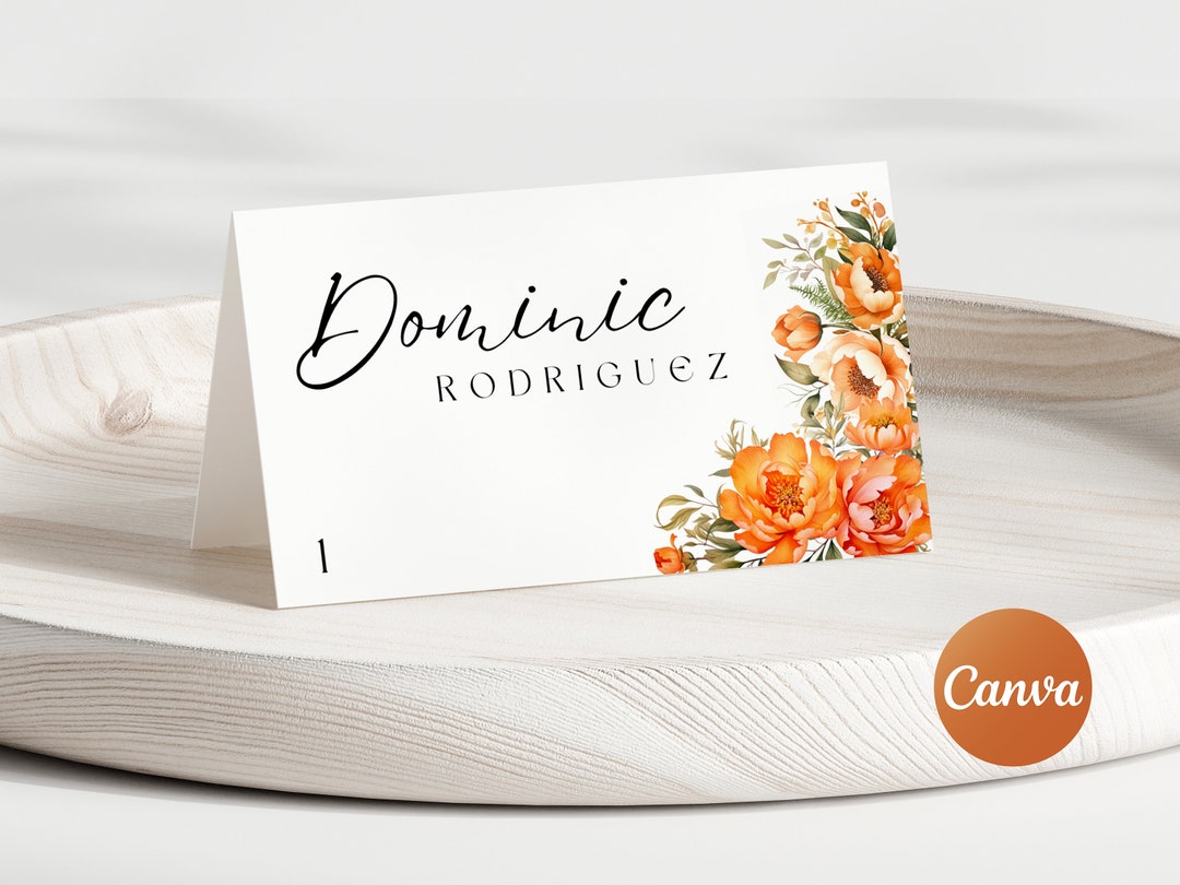 Rustic Orange Wedding Name Card Template for Canva, Printable Name Card ...