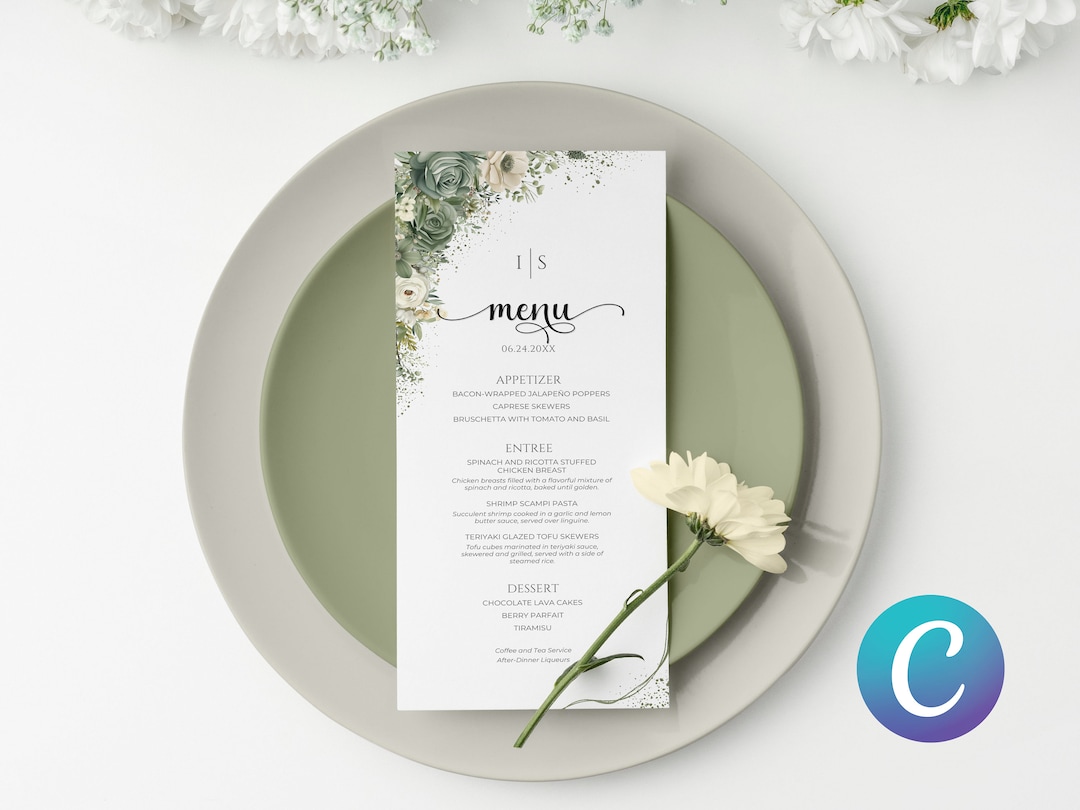 Editable Elegant Minimalist Sage Green Emerald Floral Wedding Menu ...