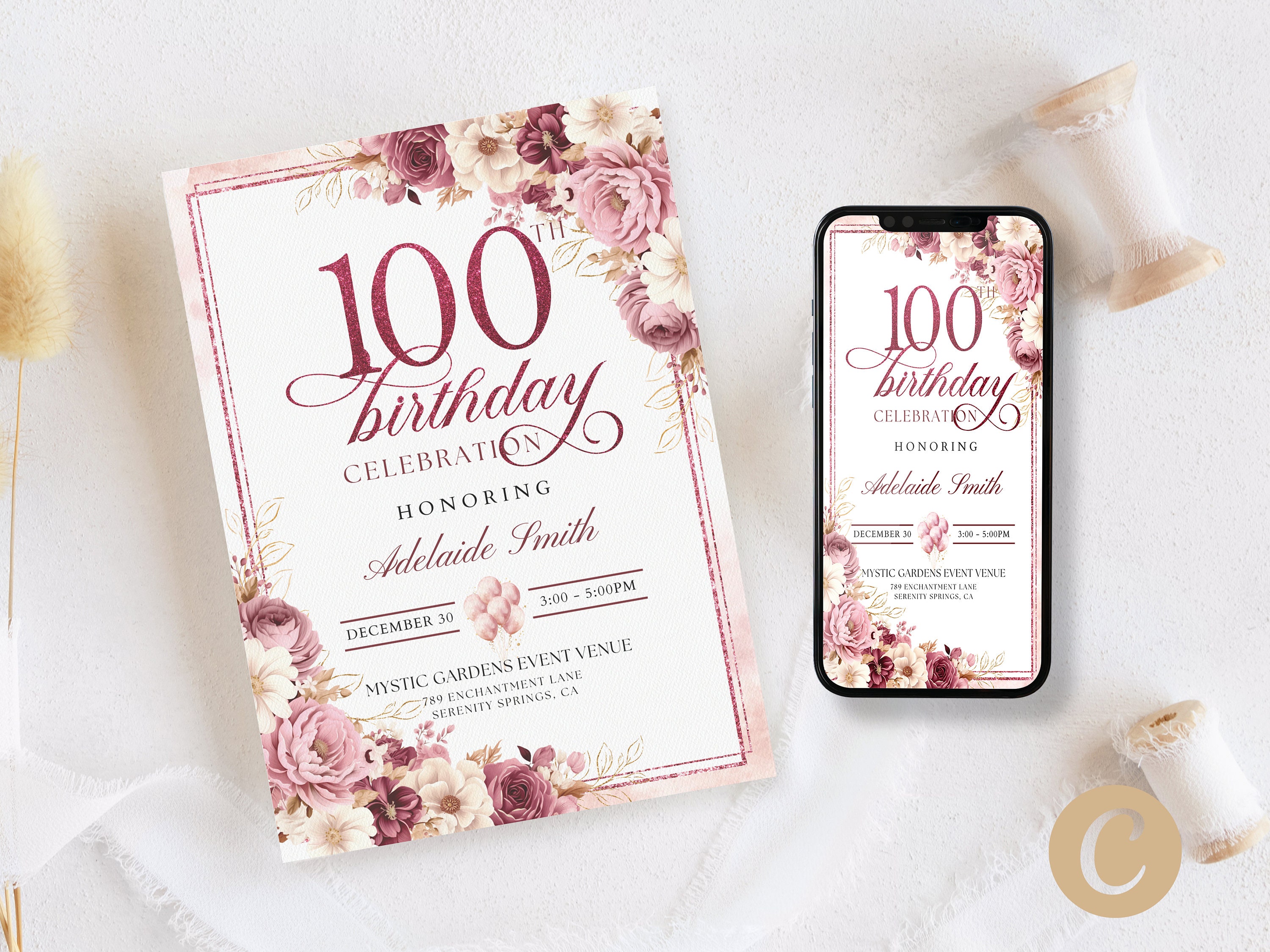 100th Birthday Invitation Canva Template for Mother Grandma, Pink ...