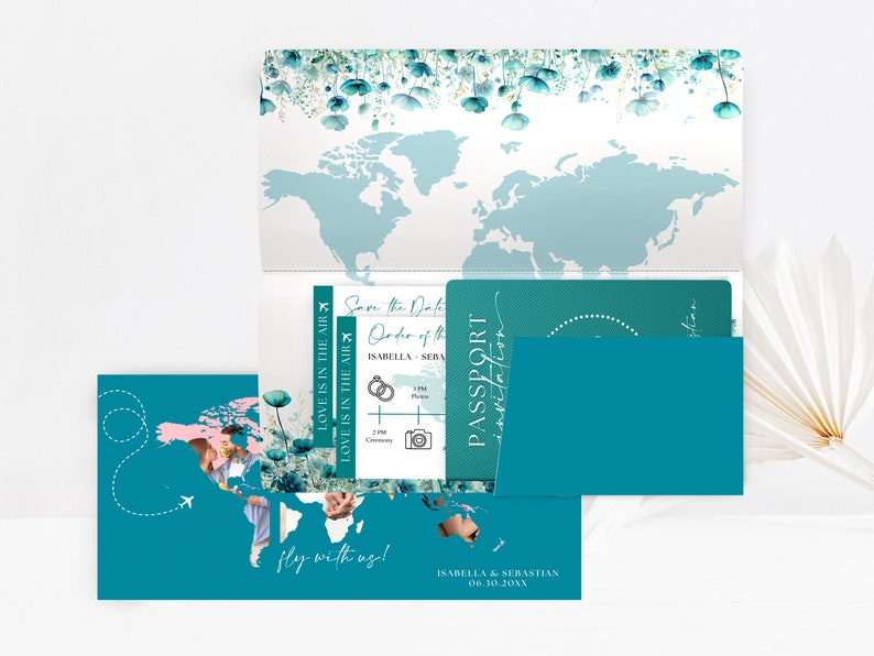 Teal Green Passport Invitation Canva Template W/ Boarding Pass & Save ...