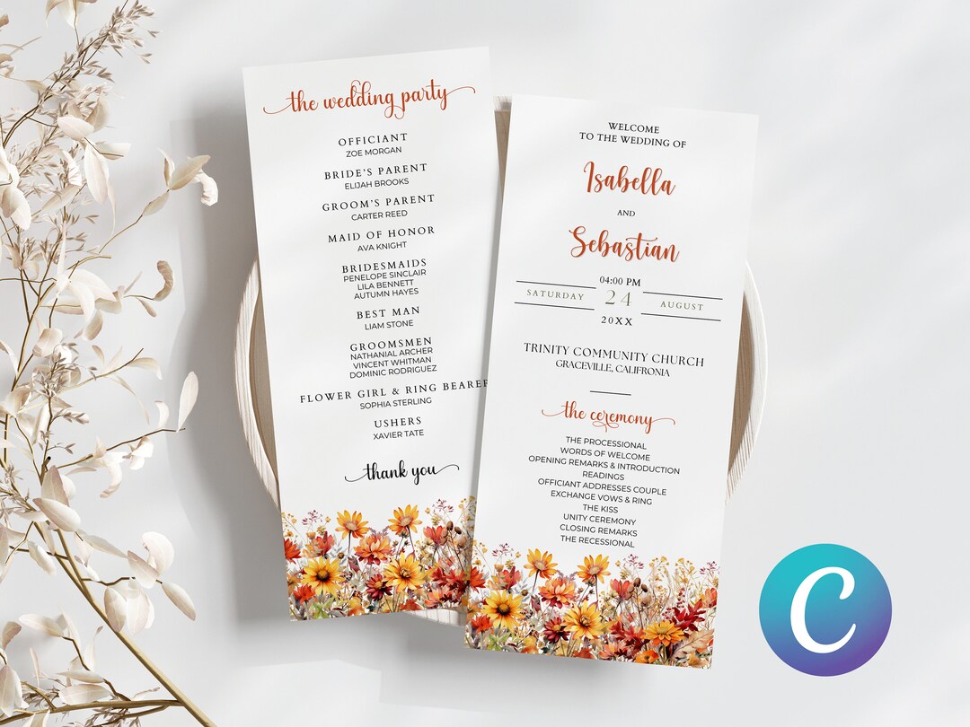 Editable Rustic Meadow Wildflower Watercolor Wedding Program Canva ...