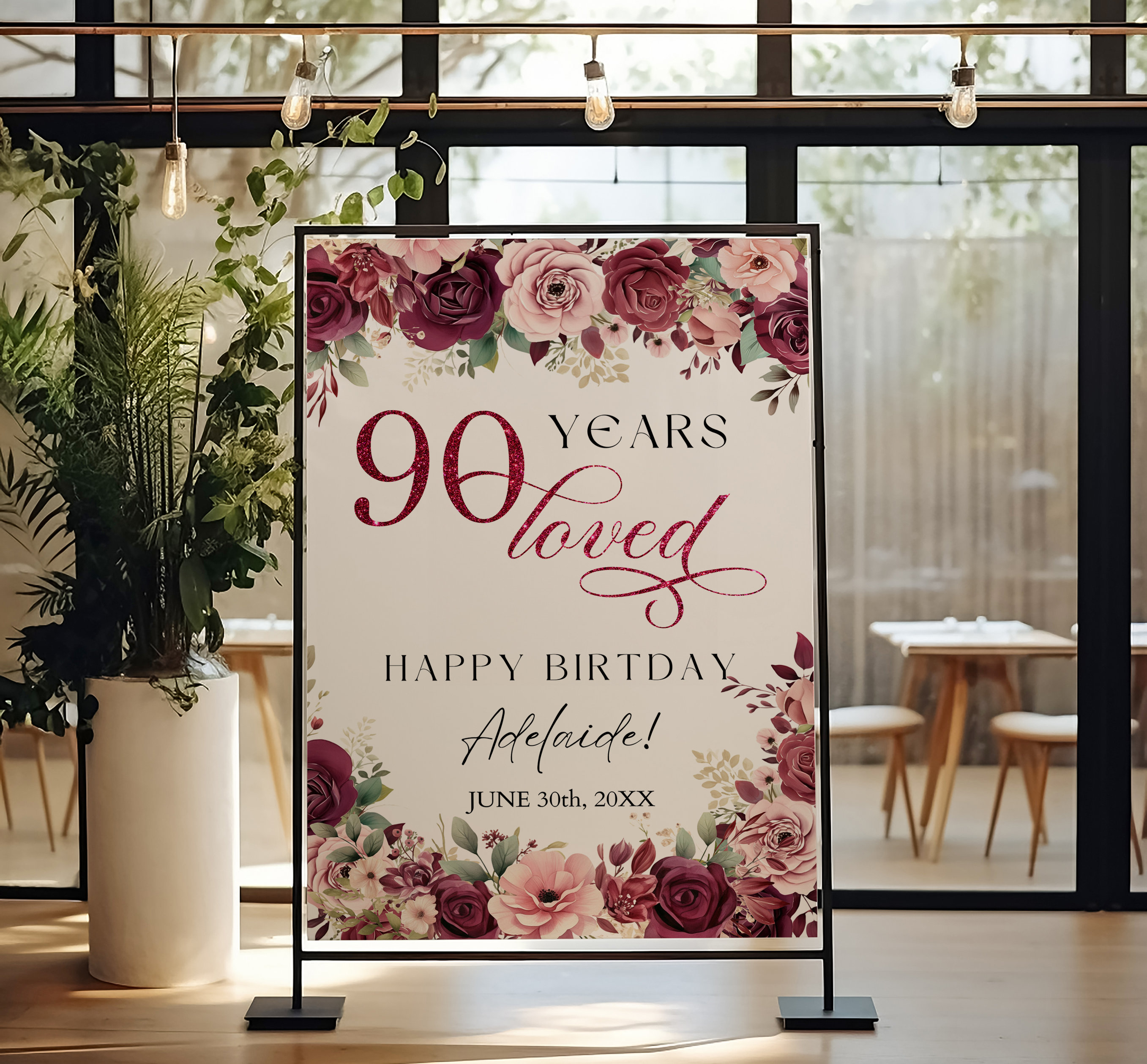 90th Birthday Welcome Sign Template for Mother Grandma, Pink Burgundy ...