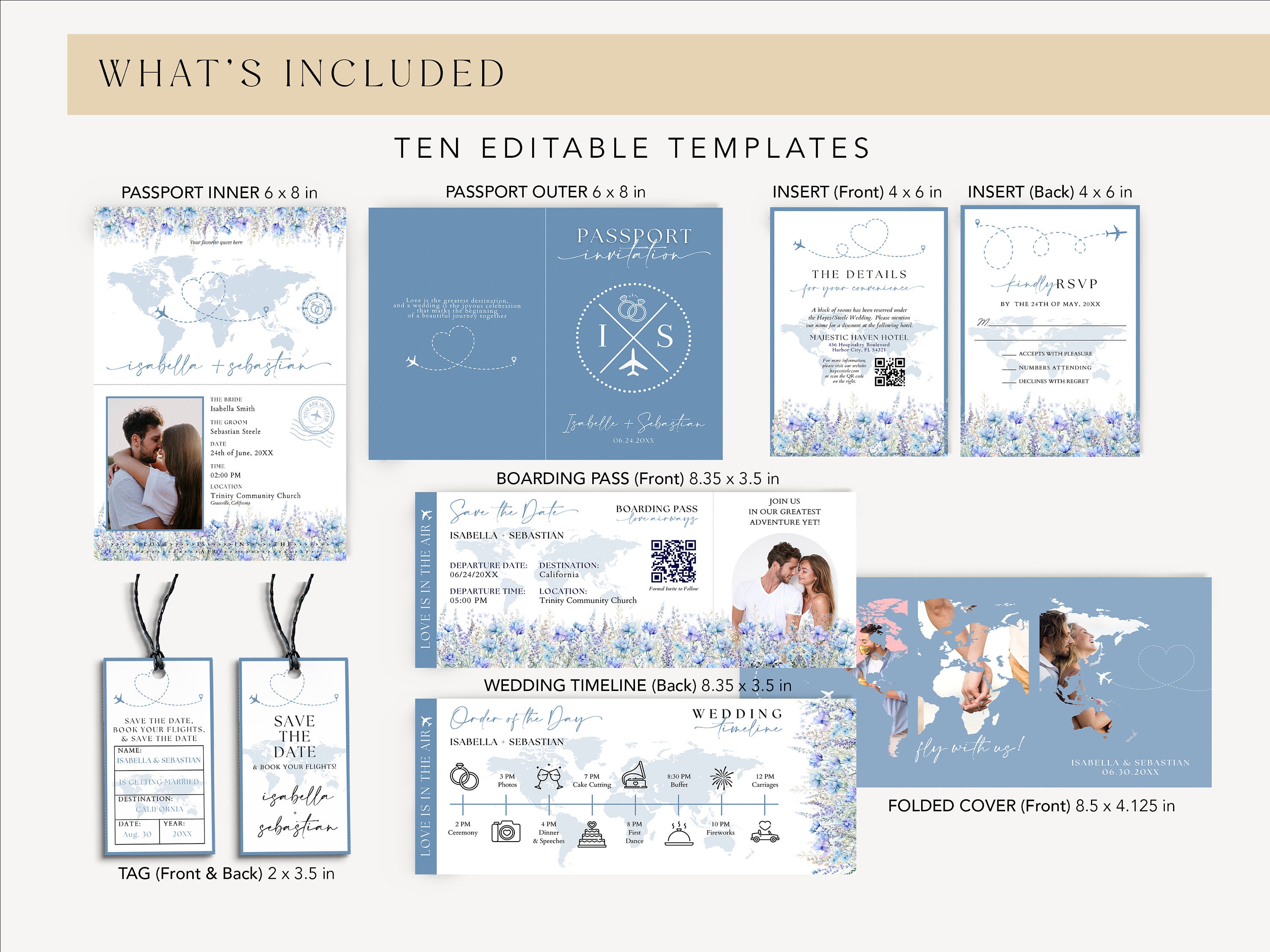 Dusty Blue Passport Invitation Canva Template With Boarding Pass & Save ...