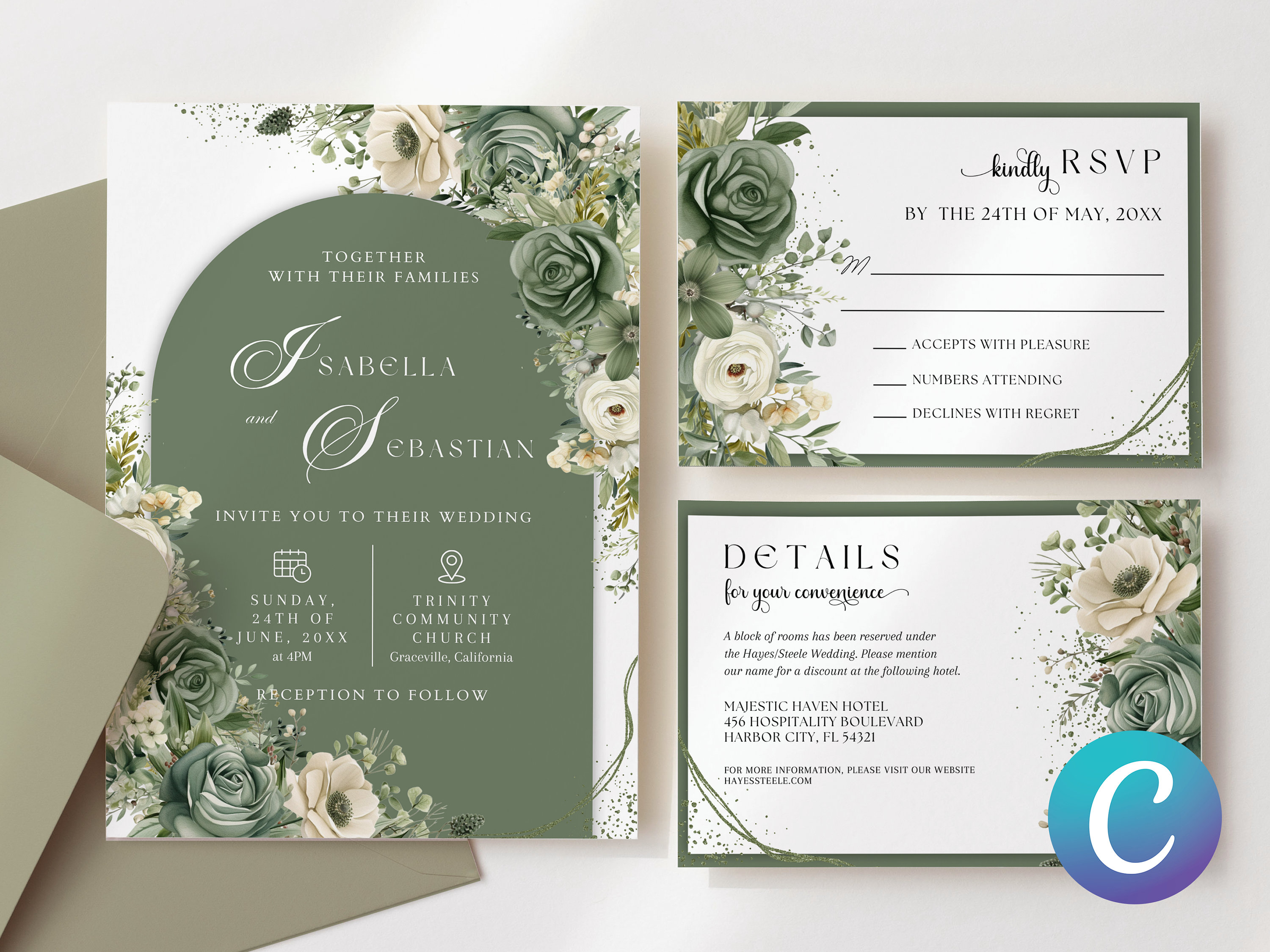 Sage Green Floral Watercolor Arch Wedding Invitation Canva Template ...