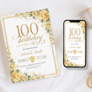 100th Birthday Party Invitation Canva Template for Mother Grandma, Gold ...