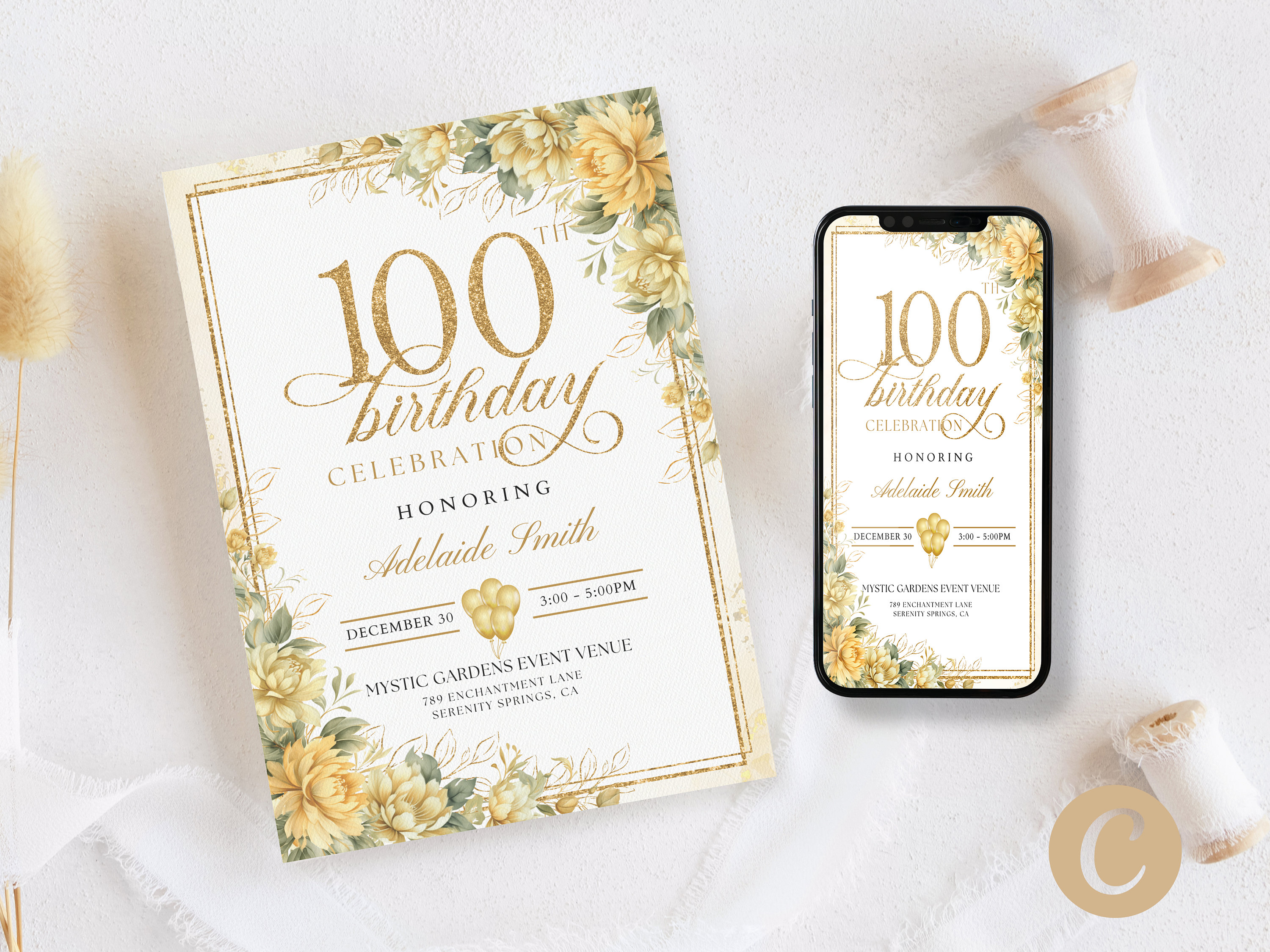 100th Birthday Party Invitation Canva Template for Mother Grandma, Gold ...