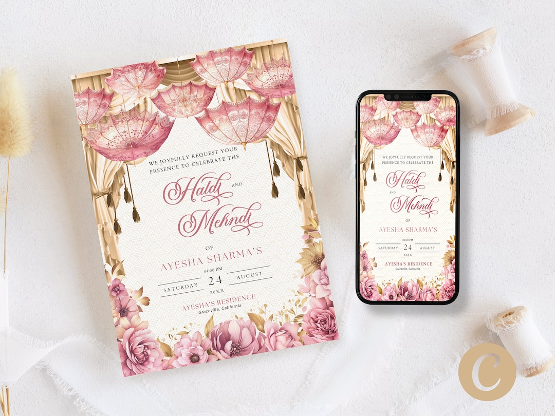 Mehndi Invitation Pink Gold Floral Editable Canva Template for Indian ...