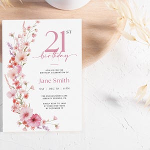 Blush Pink 21st Birthday Invitation for Girls, Wildflower 21 Year Old ...