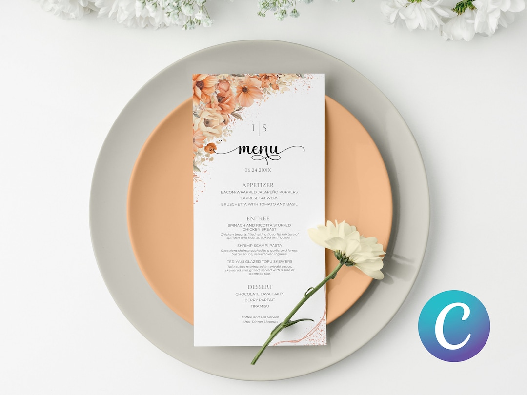 Peach Fuzz Floral Watercolor Wedding Menu Card Canva Template, Elegant ...