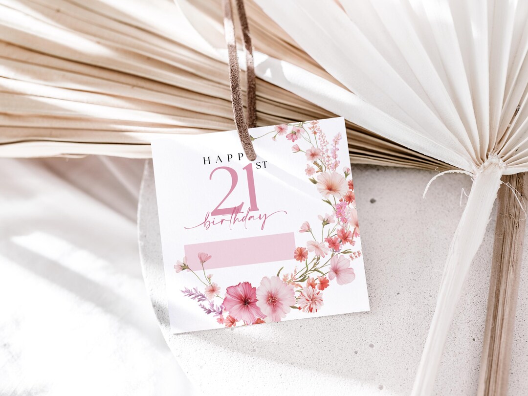 Soft Pink 21st Birthday Gift Tag for Girls, Wildflower 21 Years Old ...