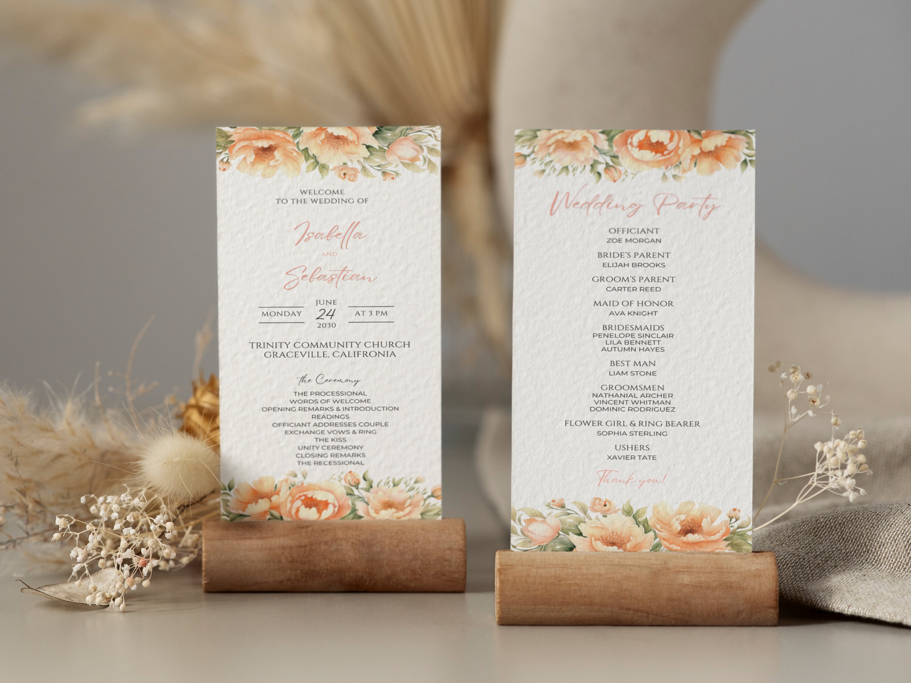Peach Fuzz Wedding Program Template for Canva, Digital Wedding Program, Elegant Wedding Program ...