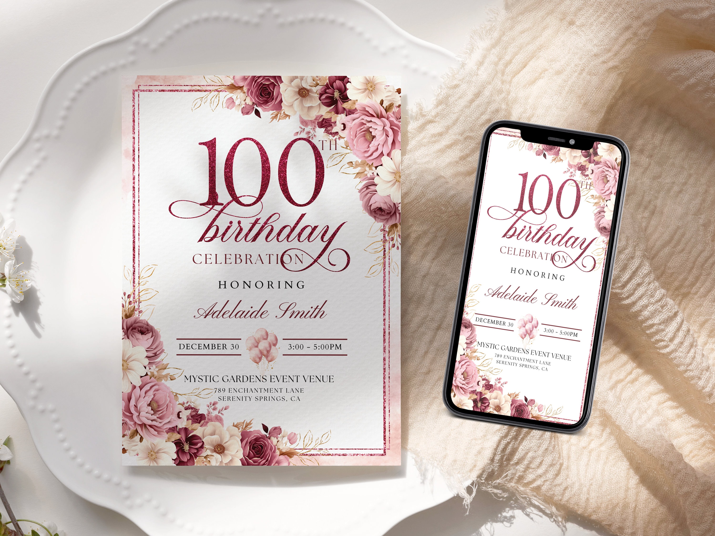 100th Birthday Invitation Canva Template for Mother Grandma, Pink ...