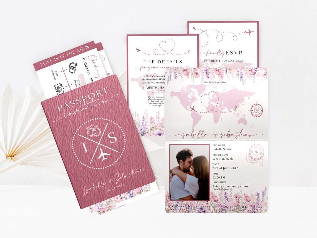 Pink Passport Invitation Canva Template With Boarding Pass & Save the ...