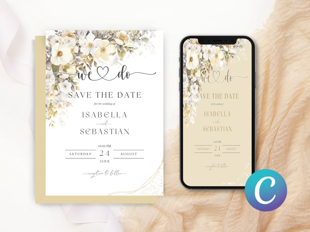 Editable Elegant Minimalist Beige Ivory White Wedding Save the Date ...