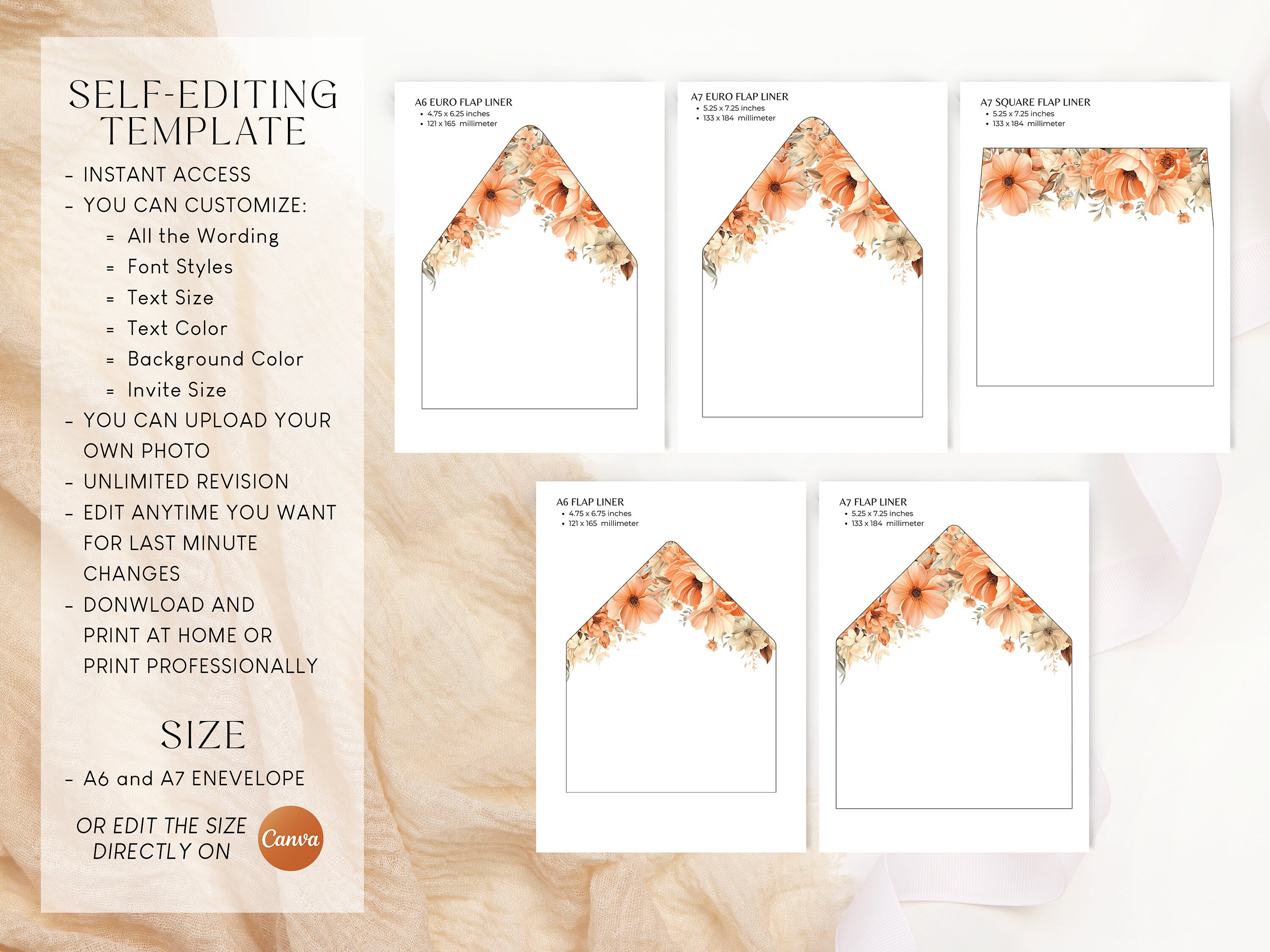 Peach Fuzz Floral Watercolor Arch Wedding Invitation Canva Template ...