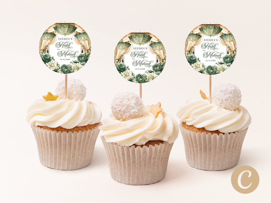 Mehndi Sage Green Gold Editable Cupcake Cake Topper Canva Template ...