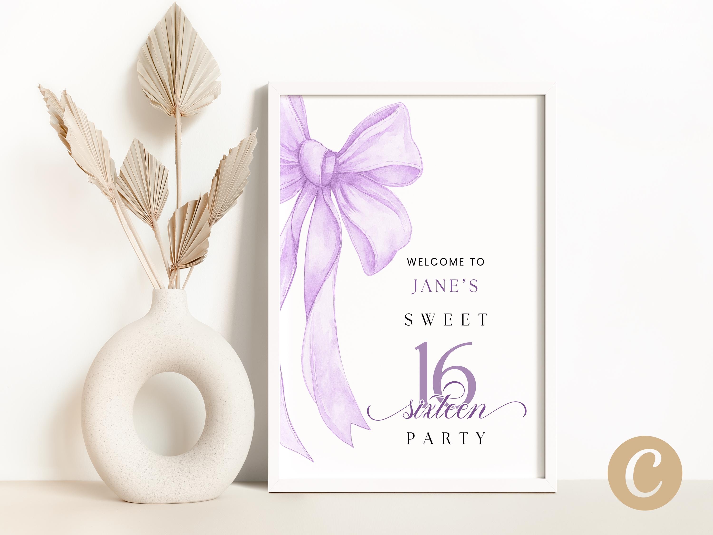 Sweet 16 Purple Bow Welcome Sign for Girls, Croquette Lilac Bow Theme ...