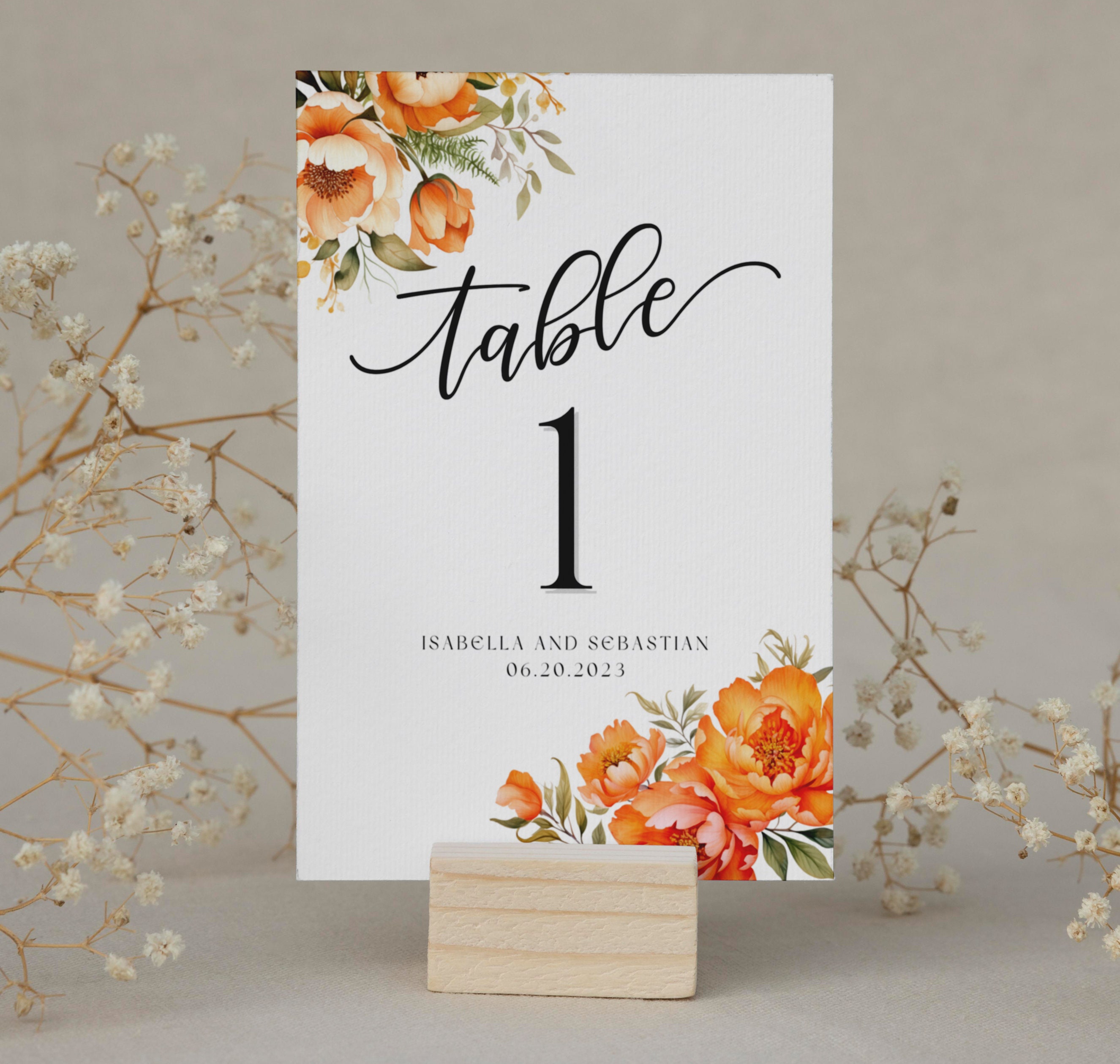 Rustic Orange Wedding Table Numbers Template for Canva, Printable Table ...