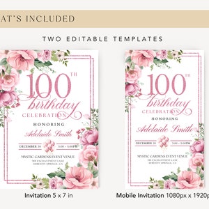 100th Birthday Party Invitation Canva Template for Mother Grandma ...