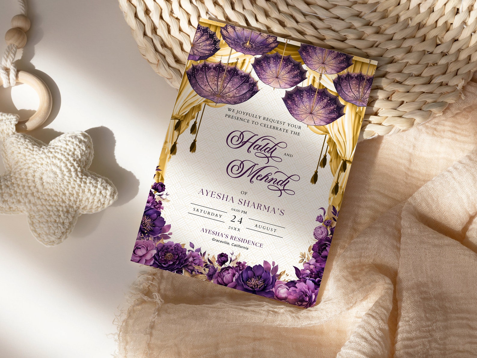 Mehndi Invitation Purple Gold Floral Editable Canva Template for Indian ...