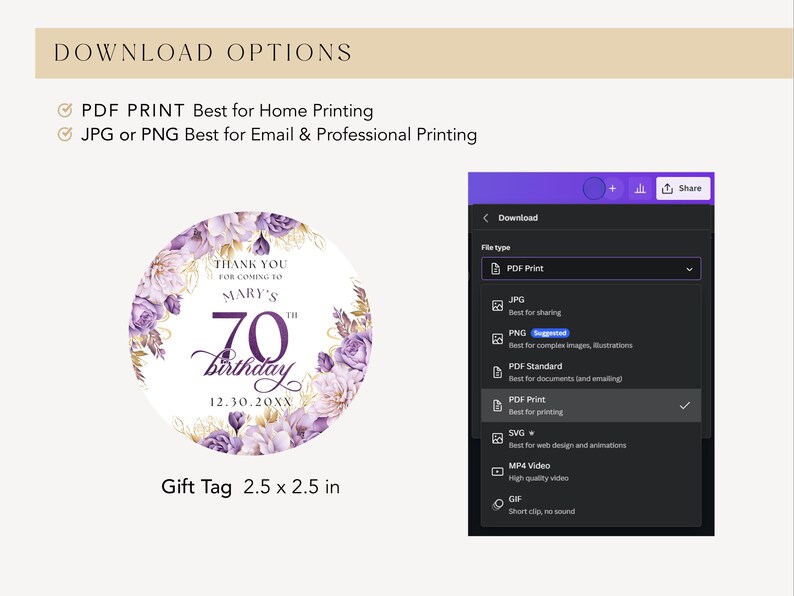 70th Birthday Thank You for Coming Tag Template Mother Grandma, Lilac ...