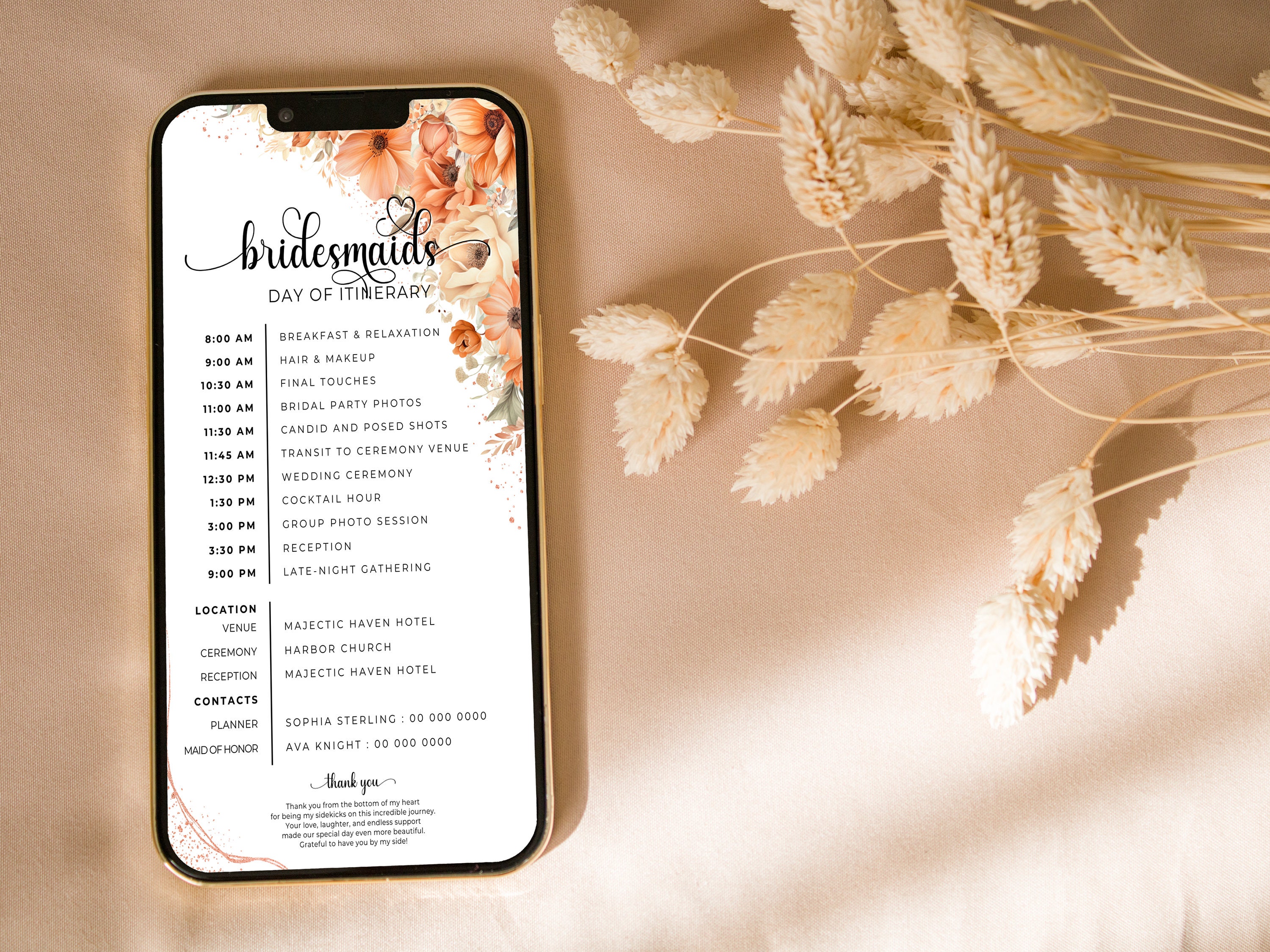 Editable Peach Fuzz Floral Watercolor Wedding Day Timeline Canva ...