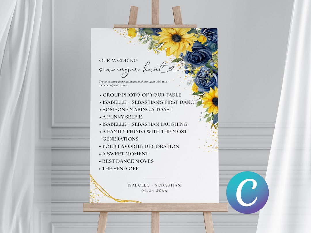 Editable Navy Blue Mustard Yellow Wedding Scavenger Hunt Game Idea ...