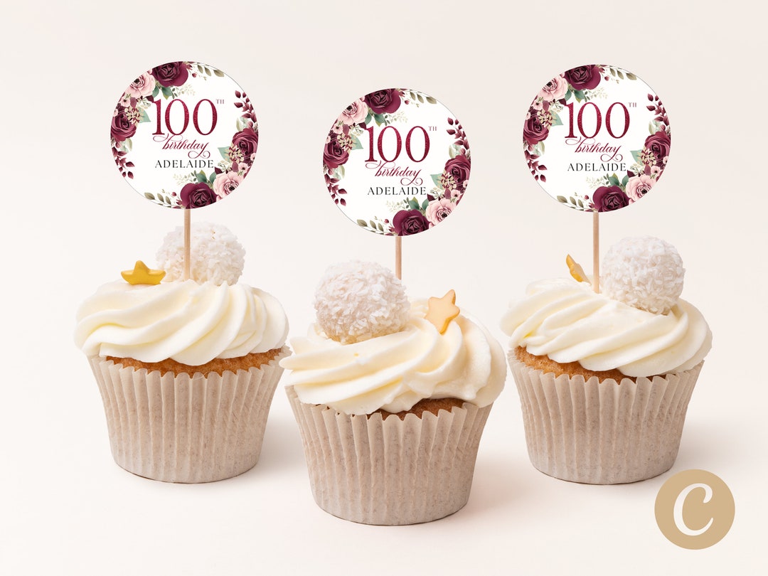 100th Birthday Cupcake Cake Topper Canva Template for Mother Grandma ...