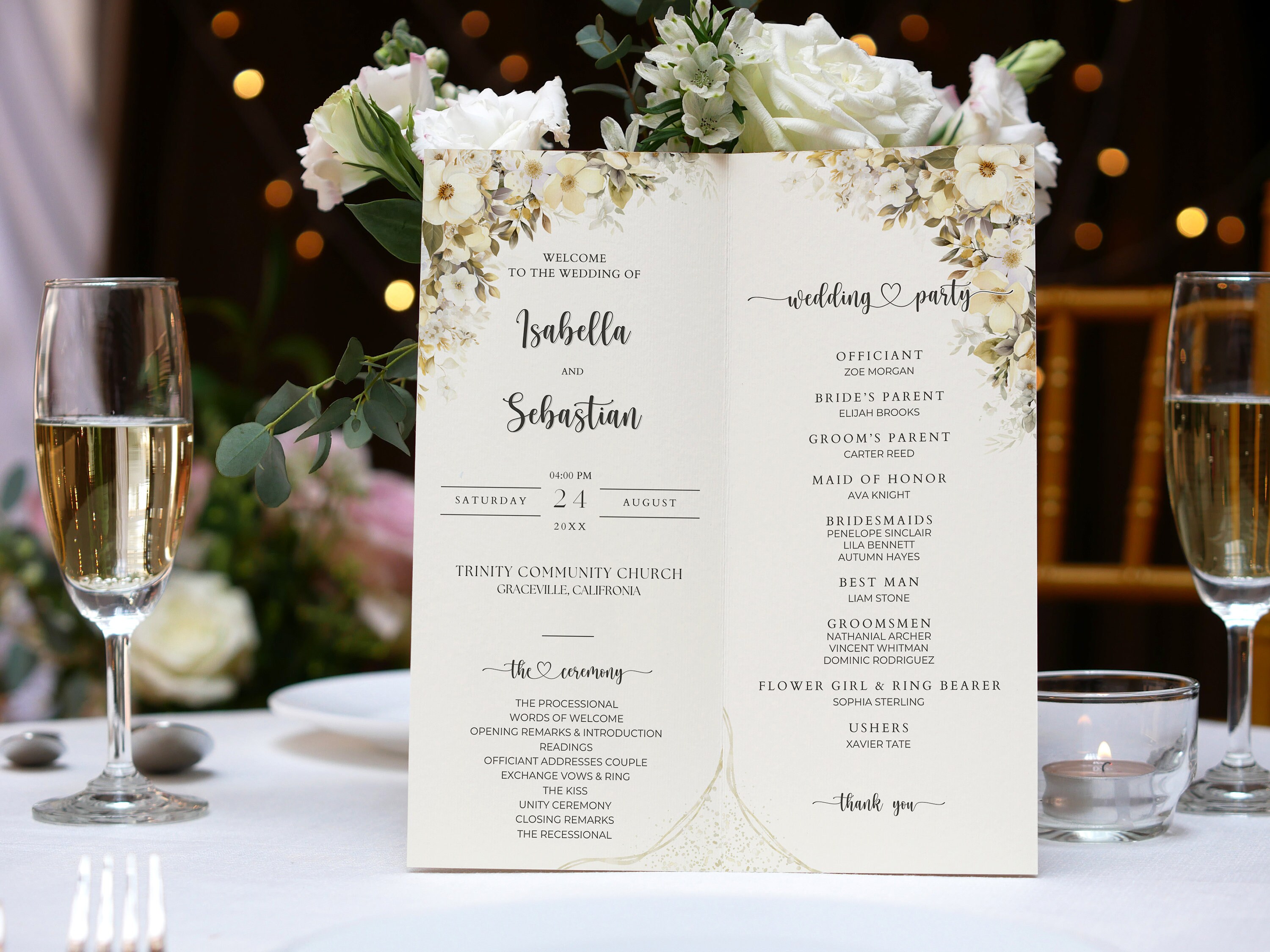 Editable Biege White Ivory Wedding Program Canva Template, Elegant Minimalist Modern Floral ...