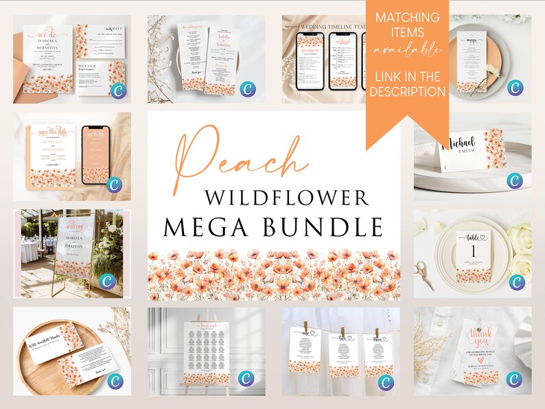 Peach Fuzz Meadow Wildflower Watercolor Wedding Menu Card Canva ...
