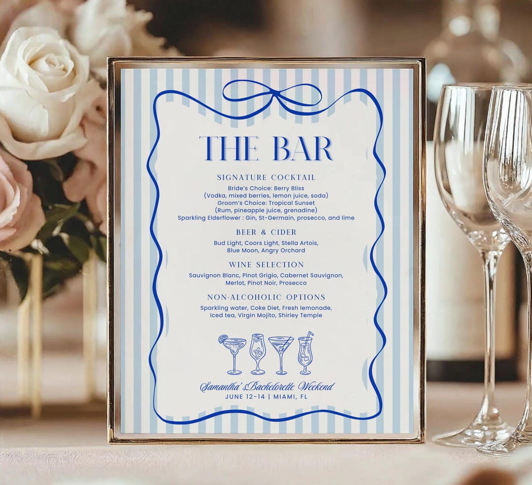 Blue Bachelorette Party Bar Sign Template, Bach Club Travel Menu Bar ...