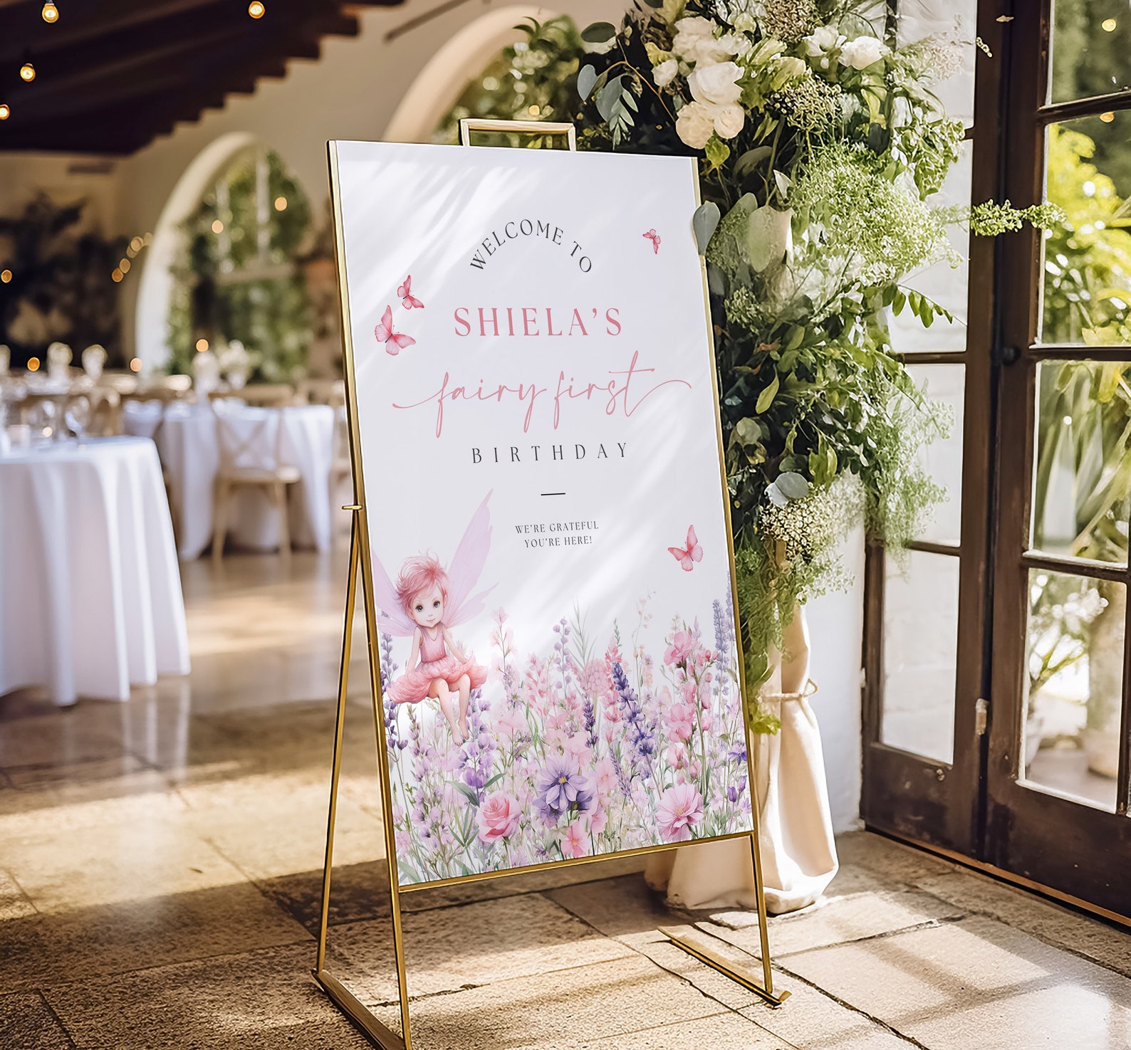 Editable Blush Pink Fairy First Birthday Welcome Sign Canva Template ...
