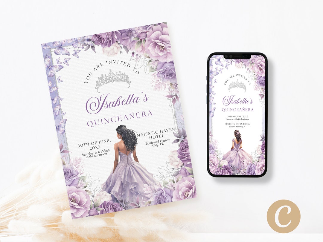 Lilac Silver Floral Butterfly Princess Quinceanera Invitations Canva ...