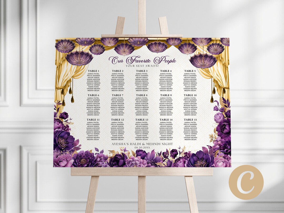 Mehndi Purple Gold Editable Large Seating Chart Canva Template, Indian ...