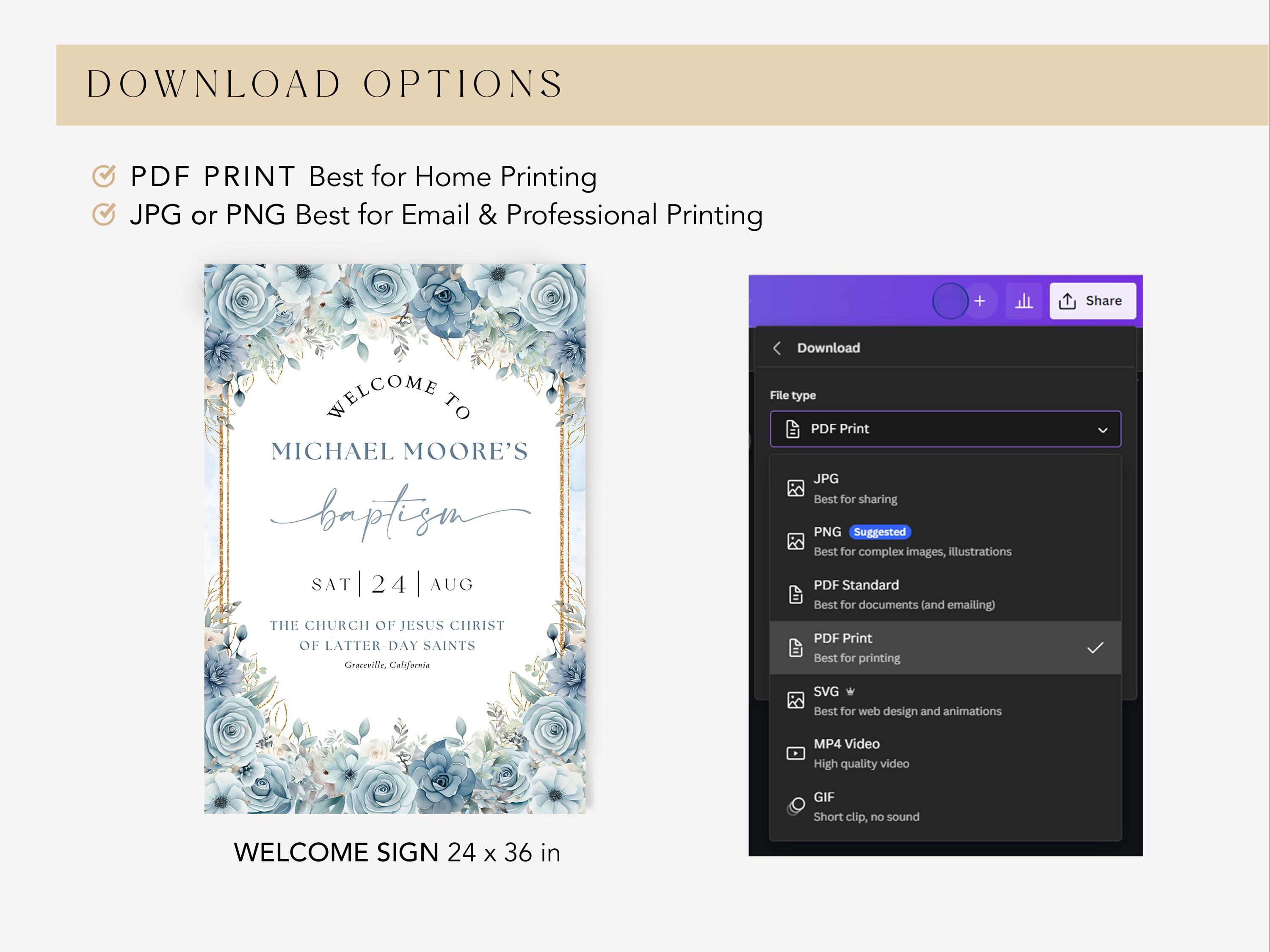 LDS Baptism Welcome Sign Template for Boy Canva Template, Blue Floral ...