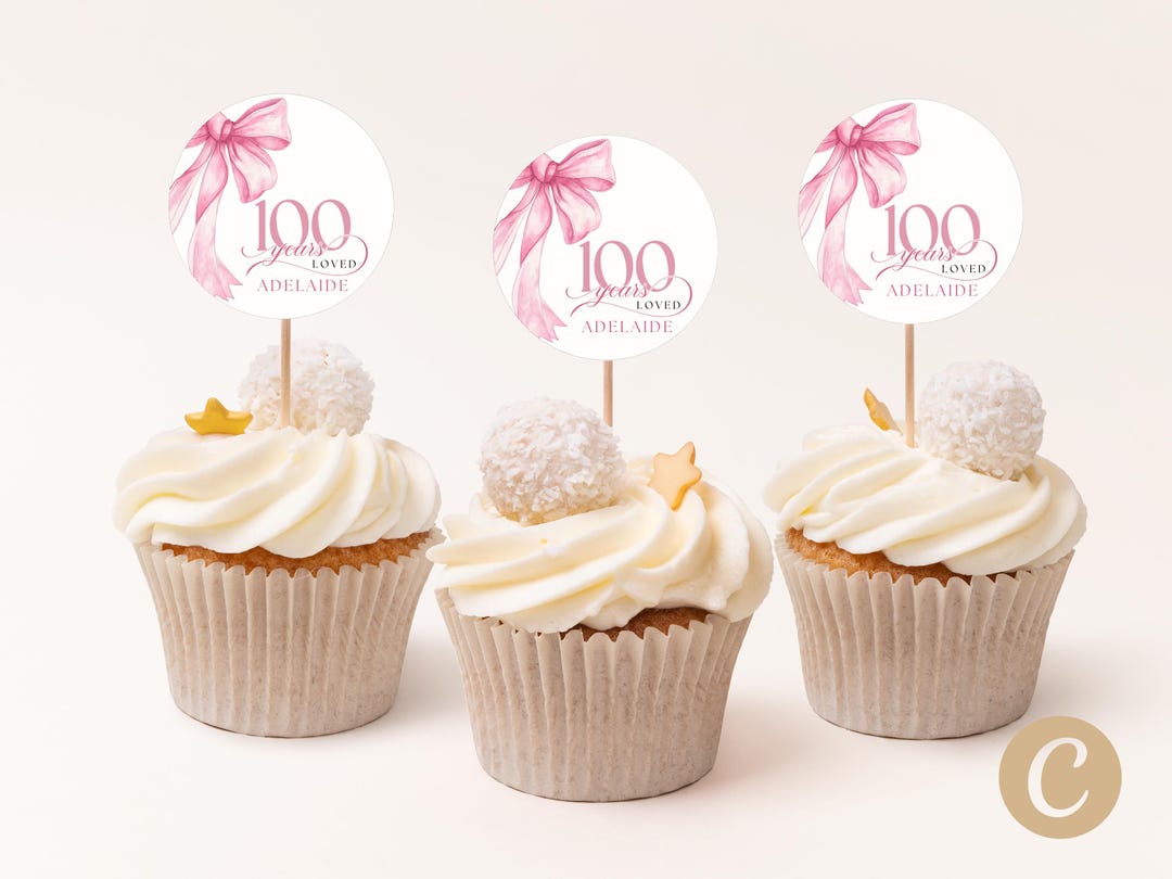 Pink Bow 100th Birthday Cupcake Cake Topper Template for Mother Grandma ...