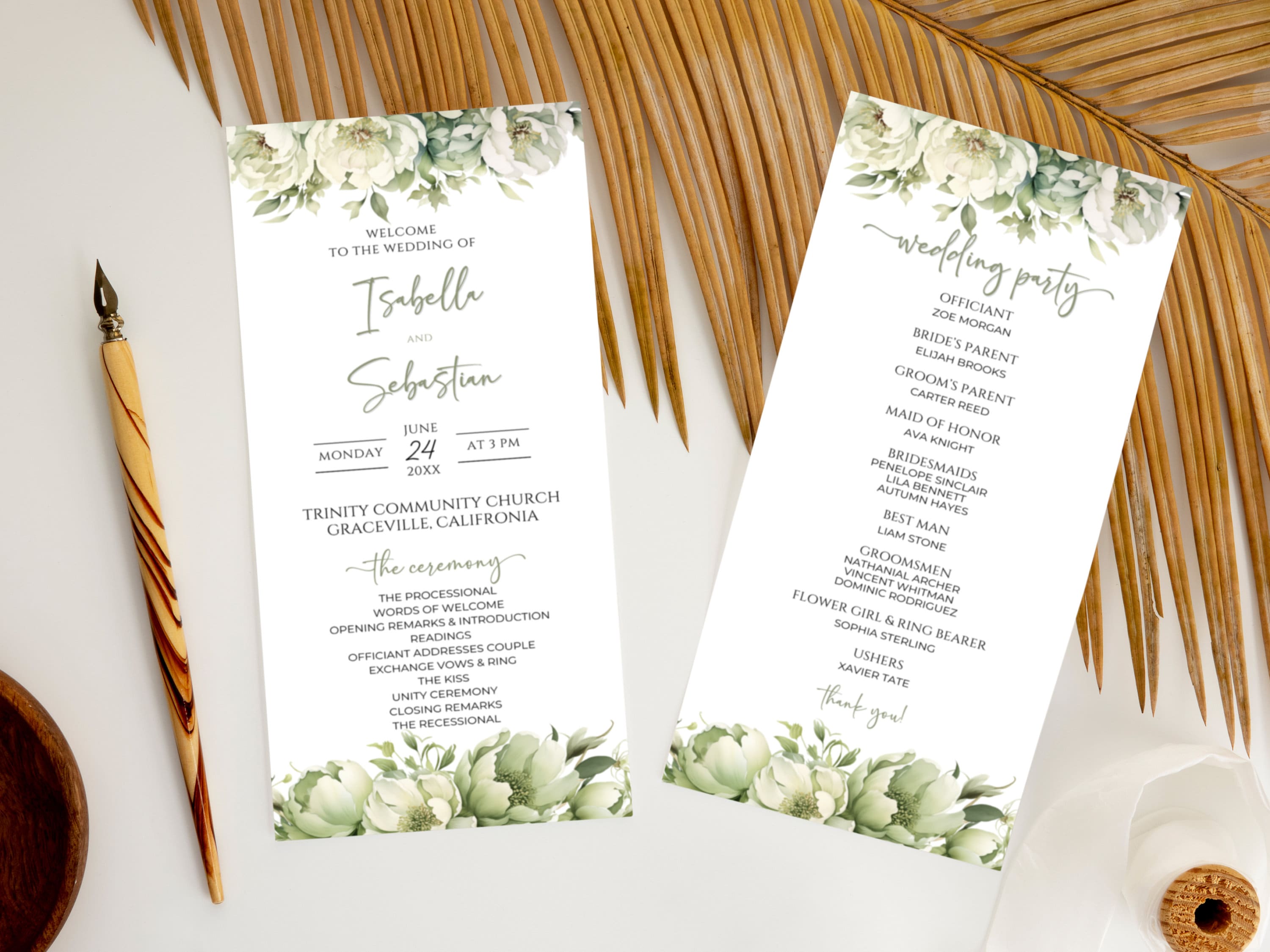 Sage Green Floral Wedding Program Canva Template, Digital Wedding ...