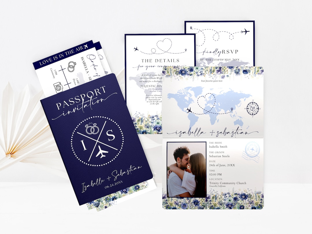 Navy Blue Passport Invitation Canva Template W/ Boarding Pass & Save ...