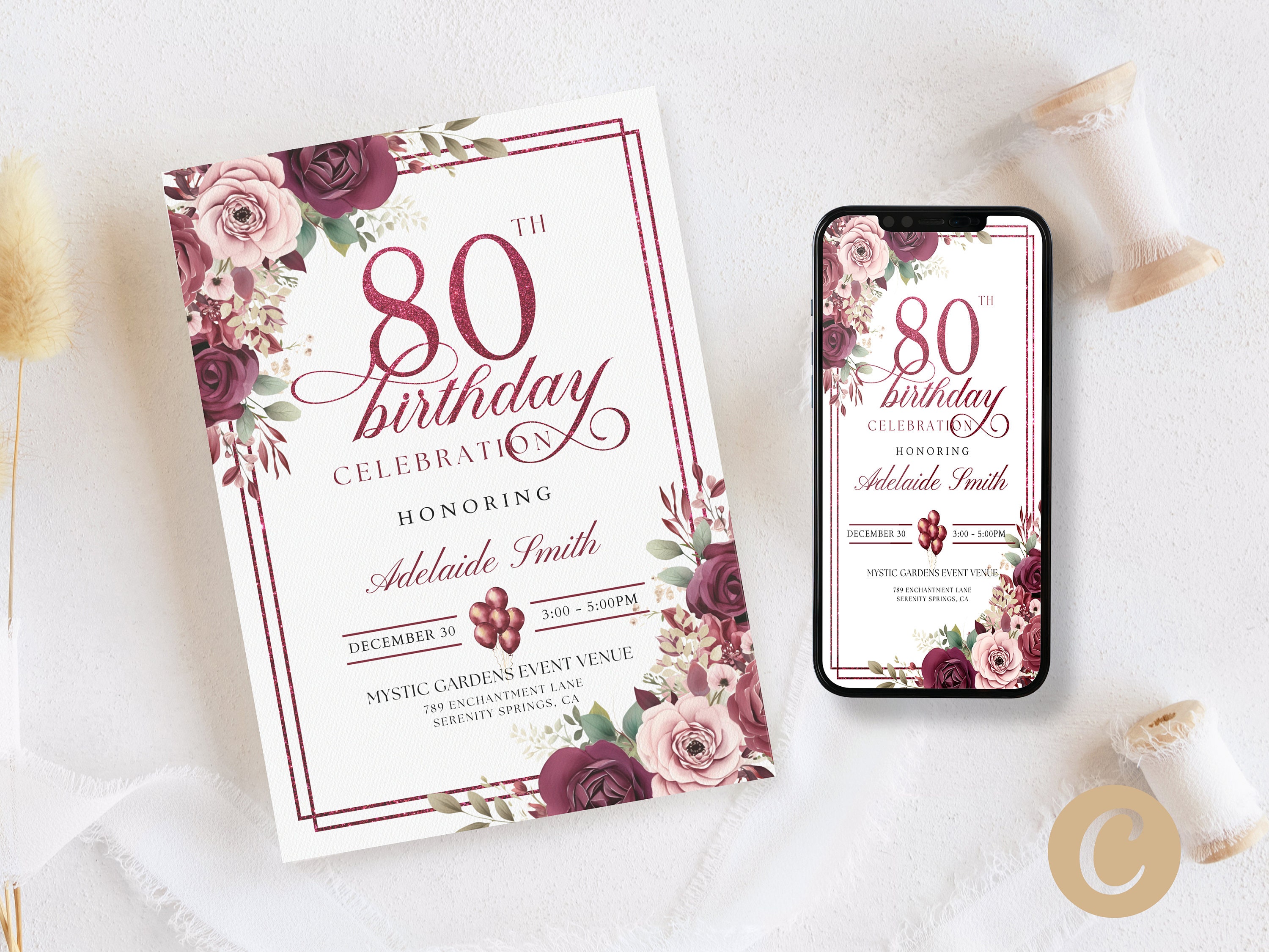 80th Birthday Invitation Canva Template for Mother Grandma, Pink ...