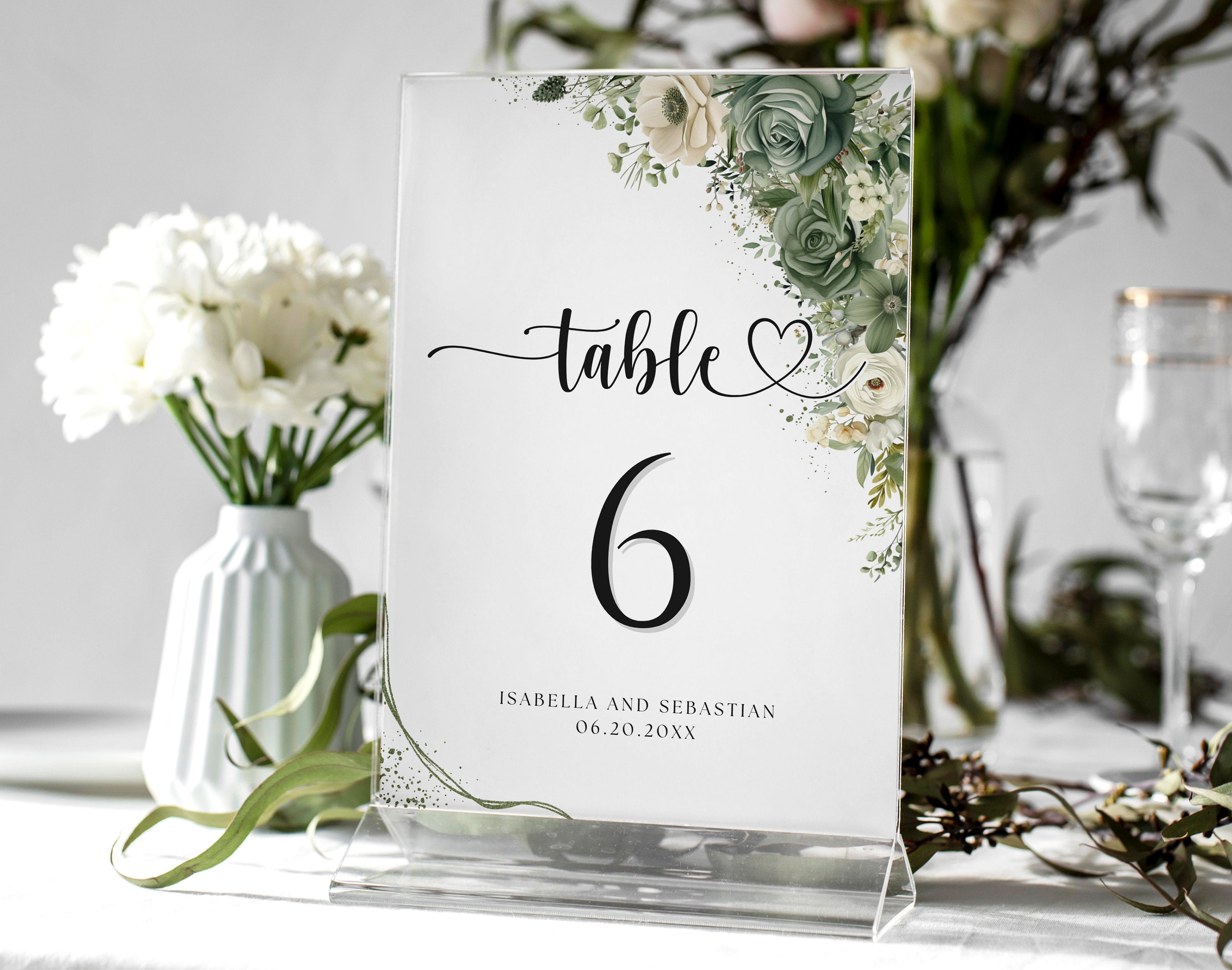 Sage Green Emerald Floral Wedding Table Numbers Canva Template, Instant ...