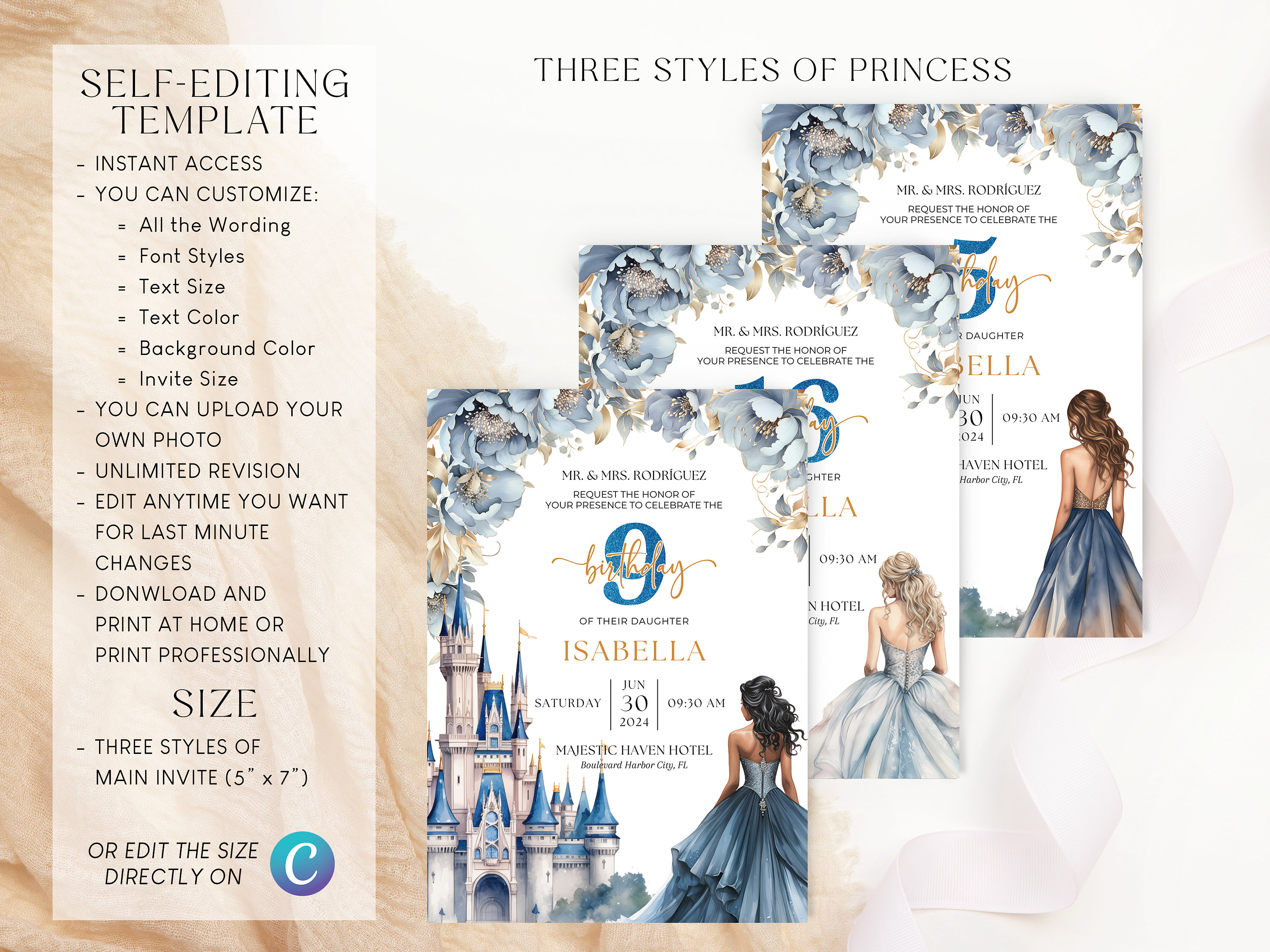 EDITABLE Fairytale Elegant Blue Castle Princess Birthday Invitation ...