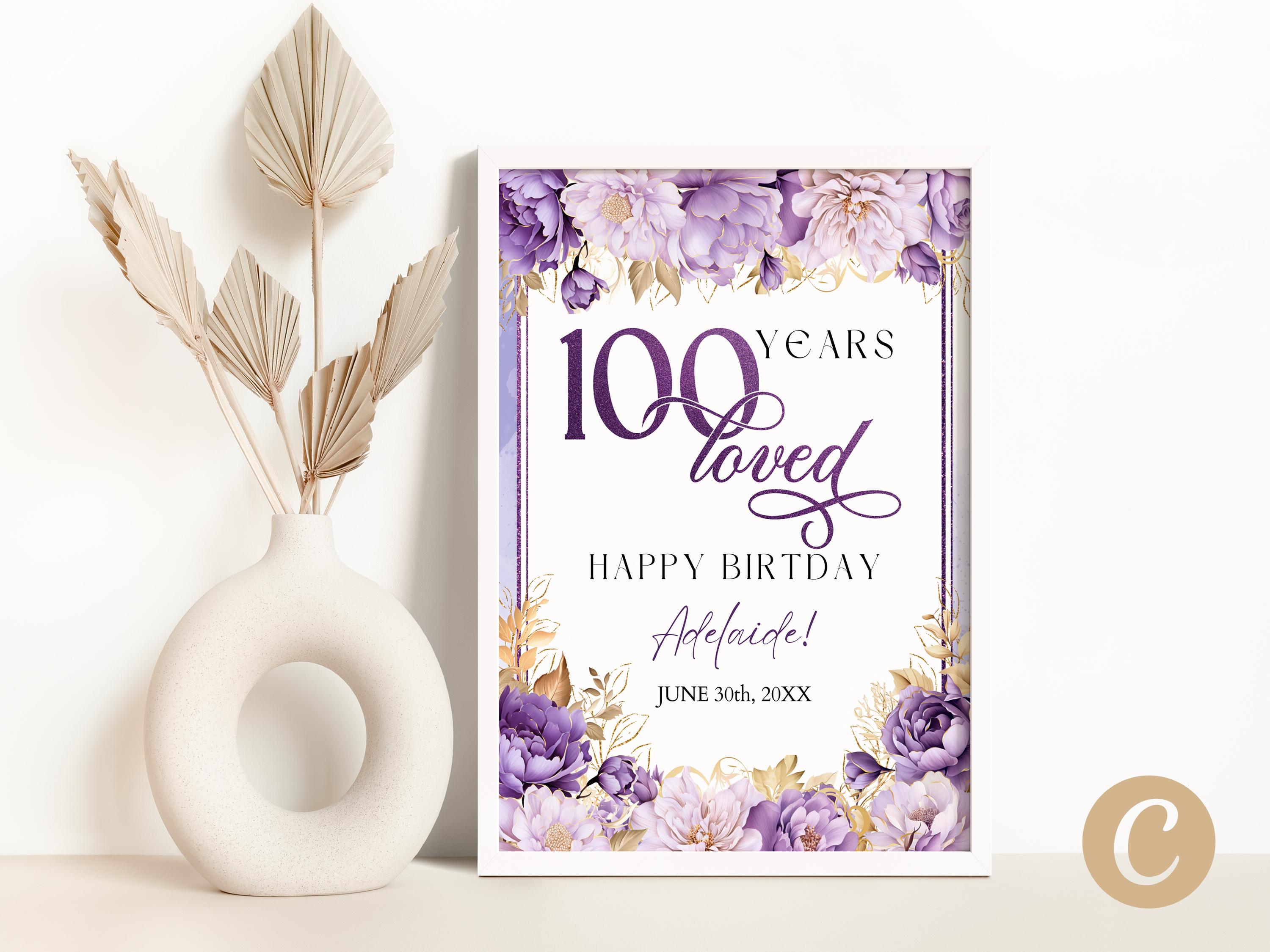 100th Birthday Welcome Sign Template for Mother Grandma, Lilac Purple ...