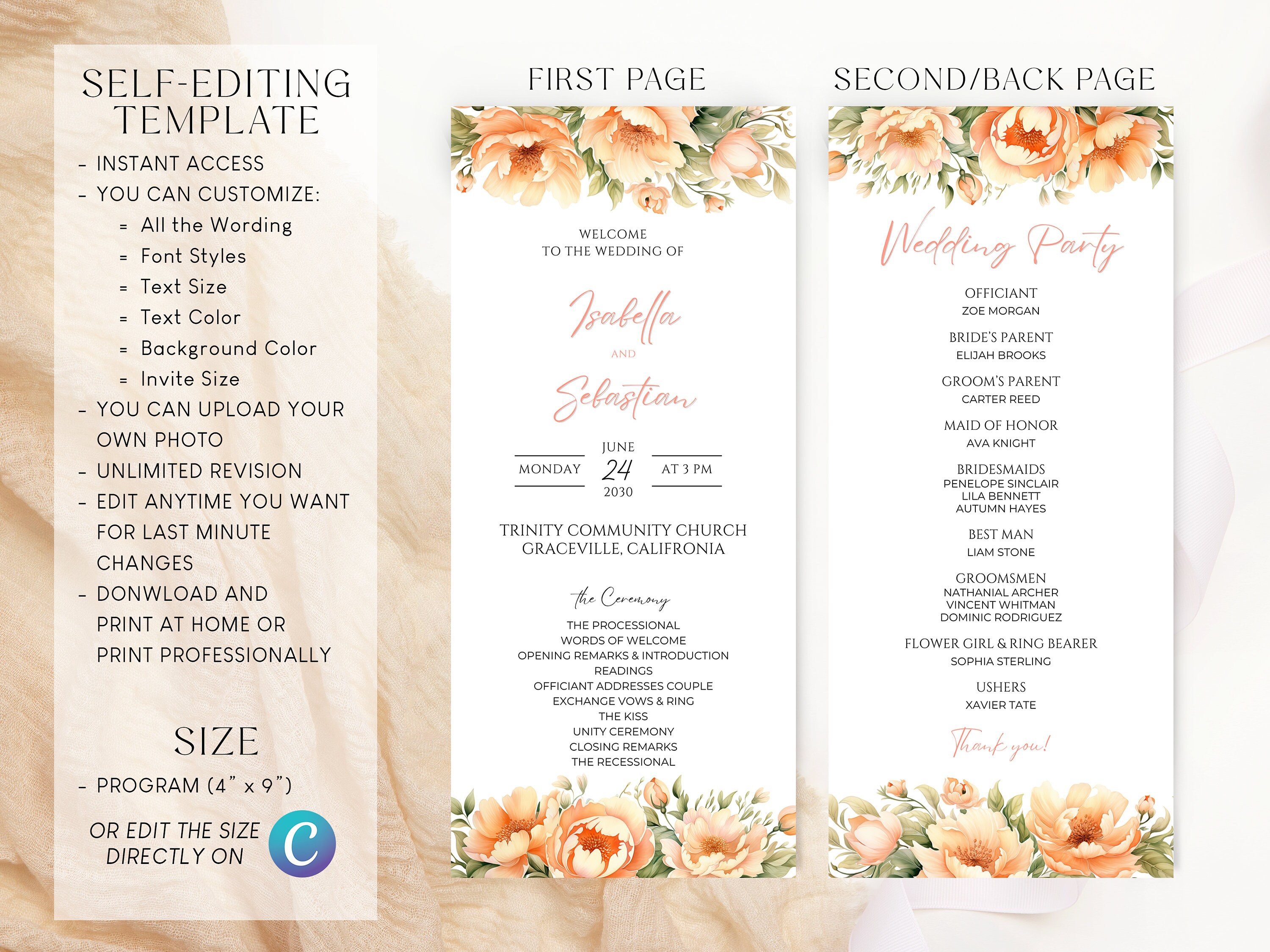 Peach Fuzz Wedding Program Template for Canva, Digital Wedding Program, Elegant Wedding Program ...
