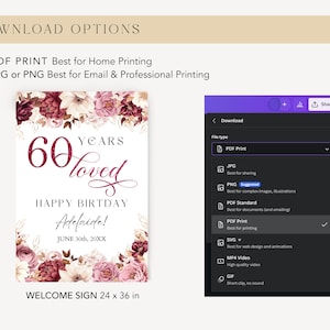 60th Birthday Welcome Sign Template for Mother Grandma, Pink Burgundy ...