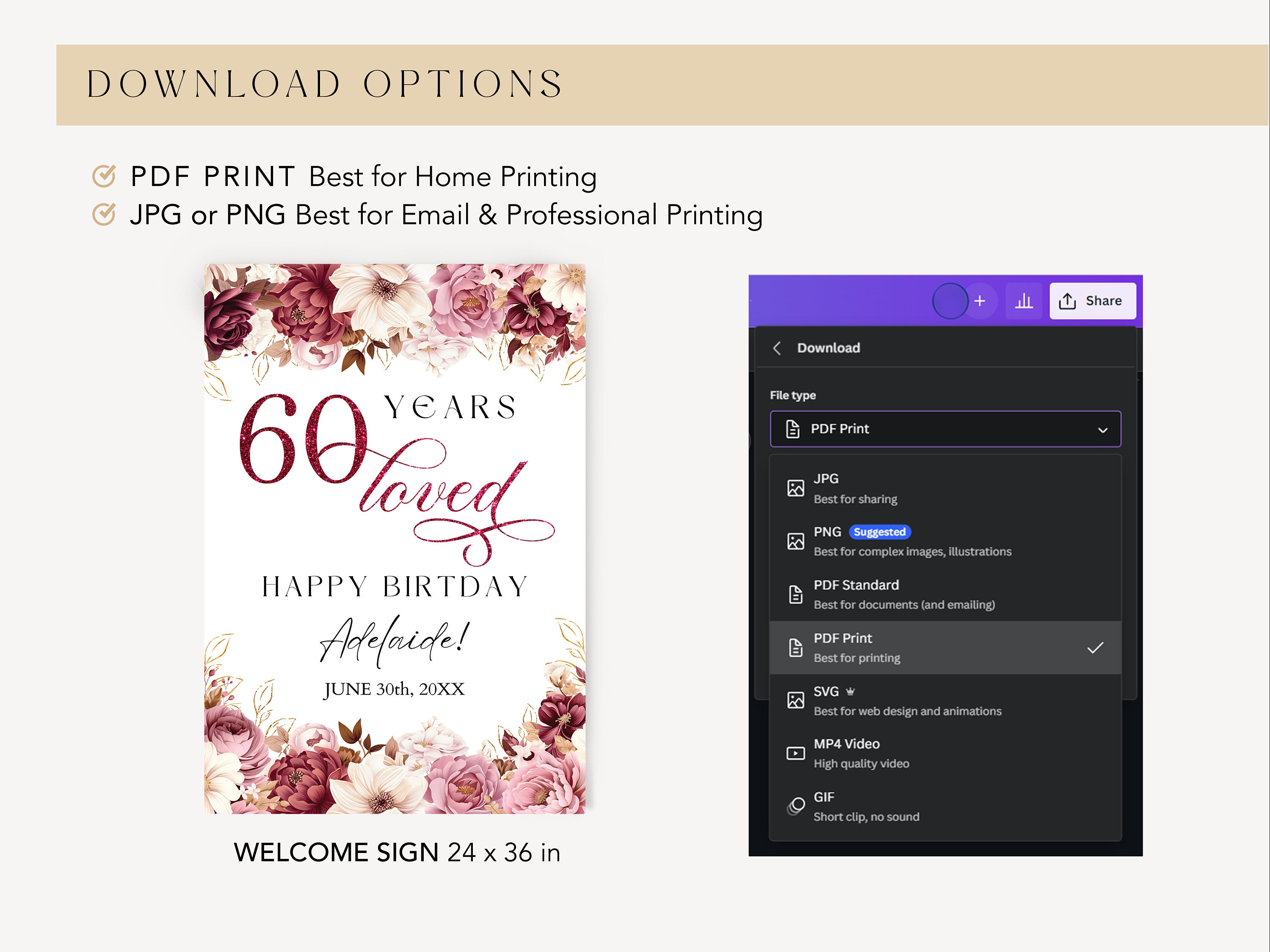 60th Birthday Welcome Sign Template for Mother Grandma, Pink Burgundy ...