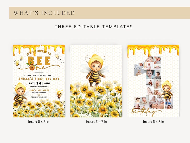Editable First Bee Day Invitation Canva Template With Photo Card, Honey ...