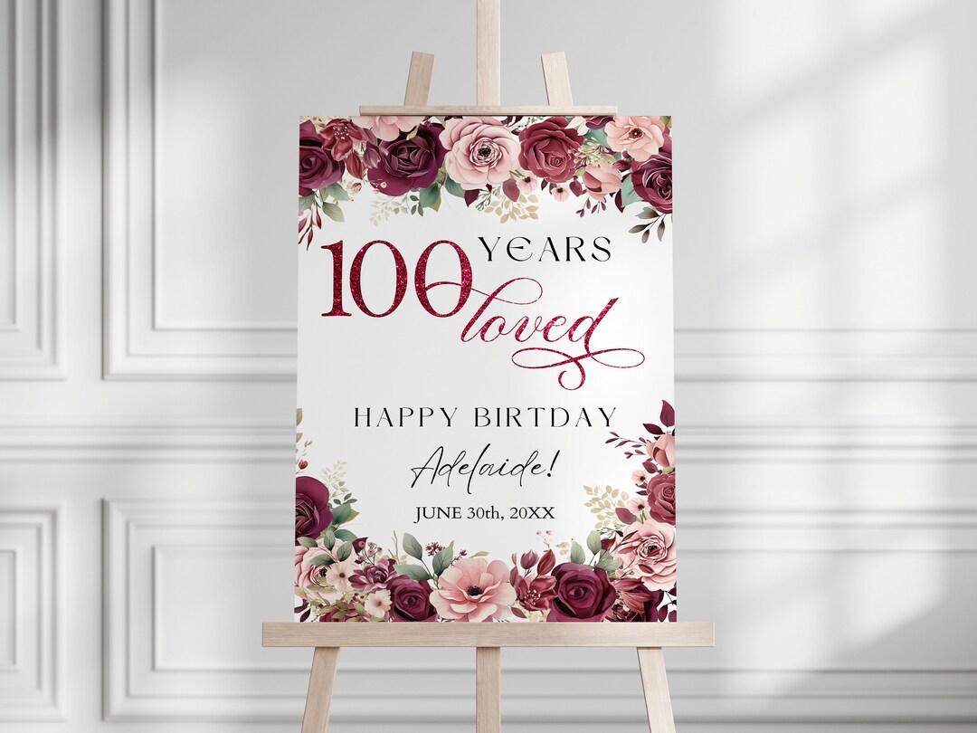 100th Birthday Welcome Sign Template for Mother Grandma, Pink Burgundy ...